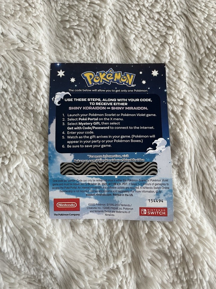 POKEMON SCARLET/VIOLET SERIAL CODES SHINY MIRAIDON AND KORAIDON ...