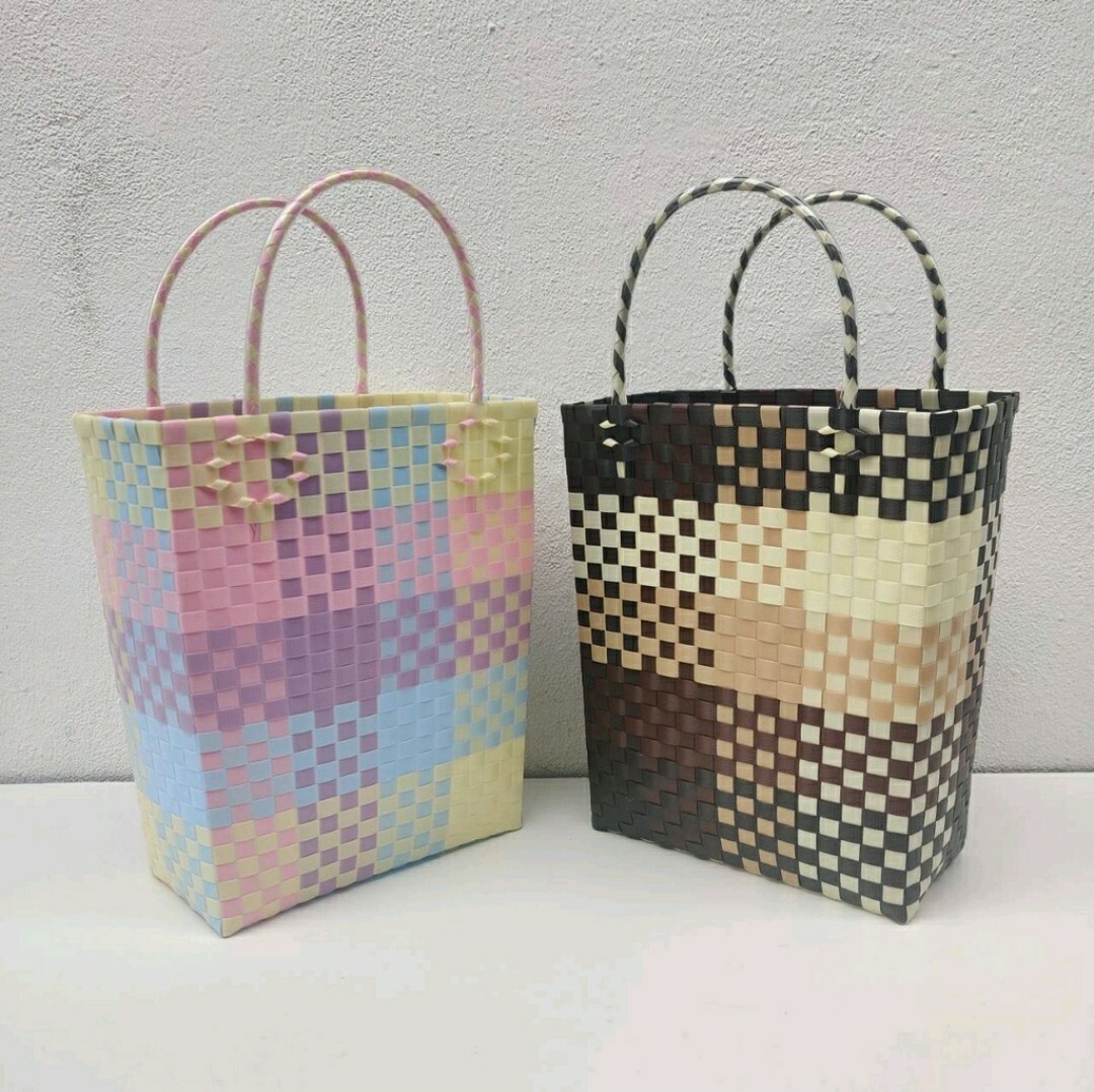 Woven Plastic Bag Tote Craft Basket Purse Vintage Bucket Strap Beach ...