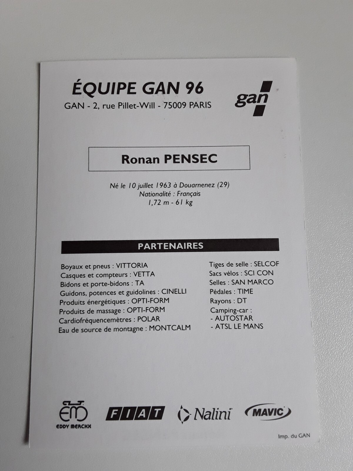 CYCLISME Carte cycliste RONAN PENSEC Équipe GAN Saison 1996 . | eBay