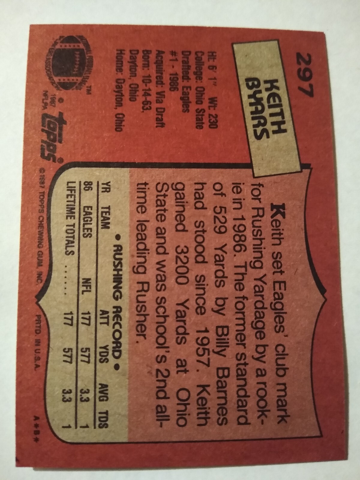 1987 KEITH BYARS TOPPS NFL ROOKIE CARD RC #297 PHILADELPHIA EAGLES ...