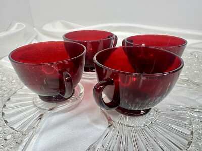 Anchor Hocking Royal Ruby Glass Snack Set- 4 Cups & 4 Trays Mid Century ...