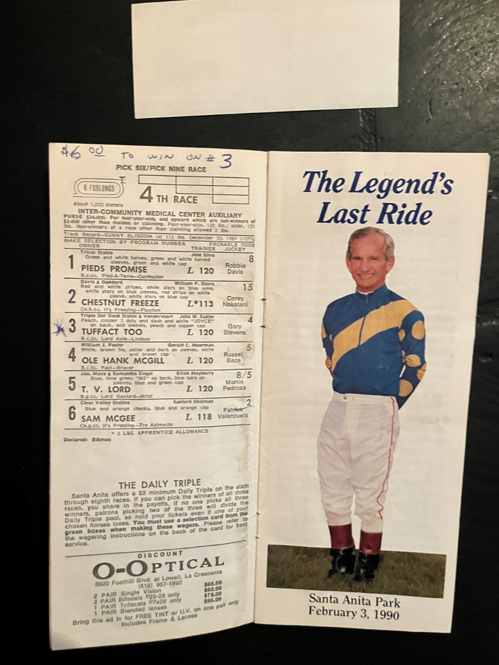 Jockey Bill Shoemaker Legends Last Ride Invitation, Grandstand Ticket ...