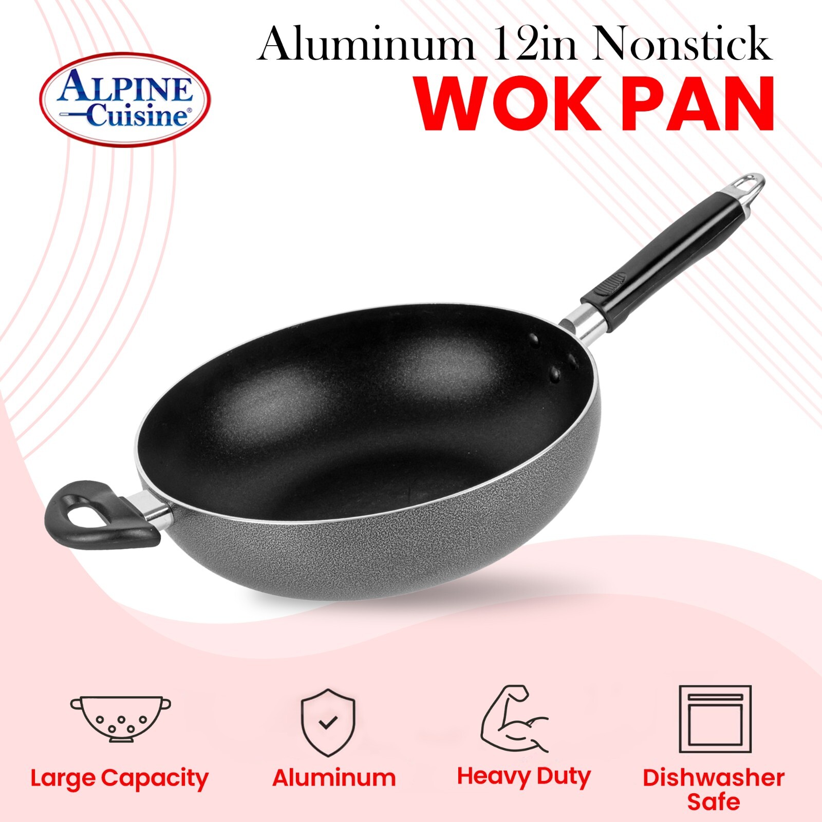 Alpine Cuisine Aluminum Wok 12-Inch Non-Stick Coating, Non-Stick ...