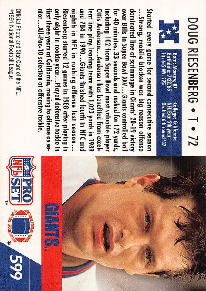 Doug Riesenberg 1991 Pro Set 599 New York Giants Football Card | eBay