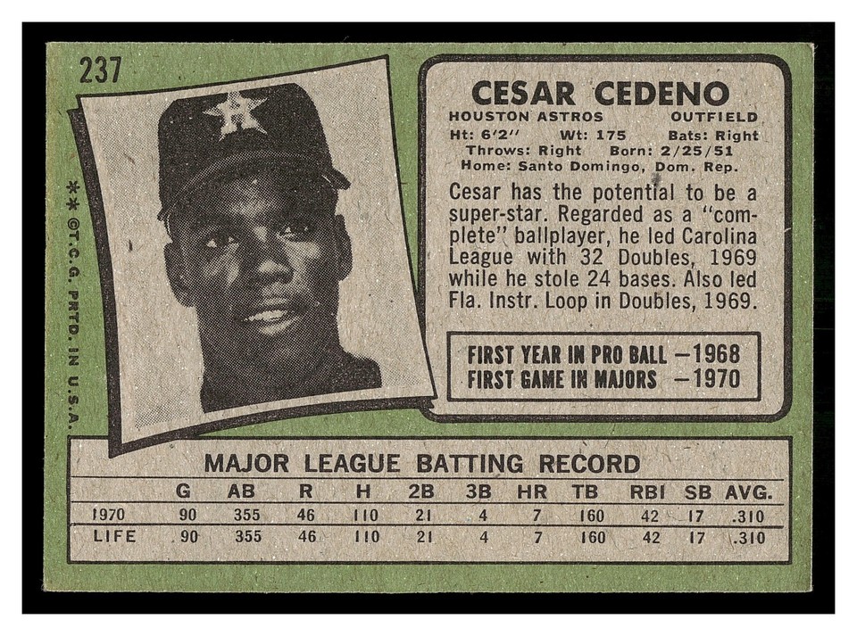 1971 TOPPS BASEBALL CESAR CEDENO #237 ROOKIE CARD HOUSTON ASTROS HIGH ...