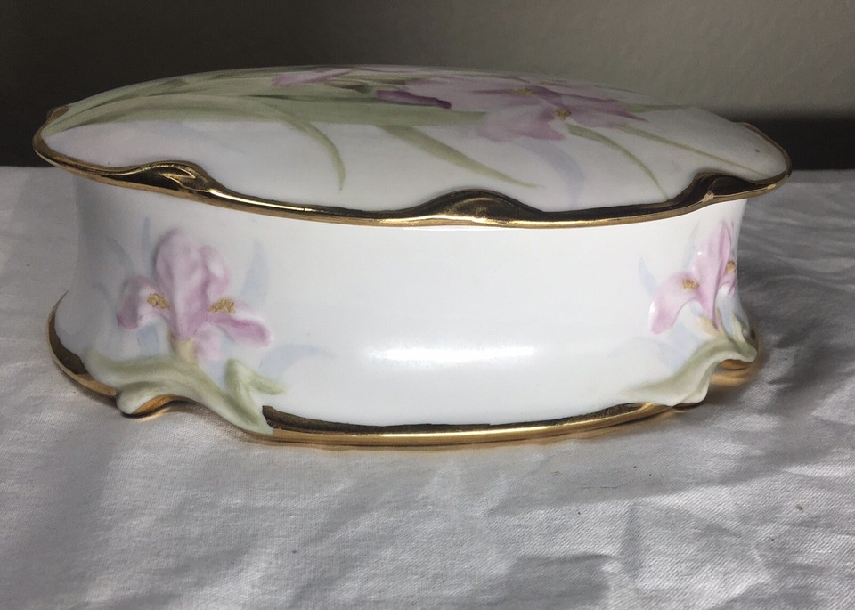Iris Porcelain Box Gold Trim Red & Pink Stones Signed SJM Padded hand Painted | eBay