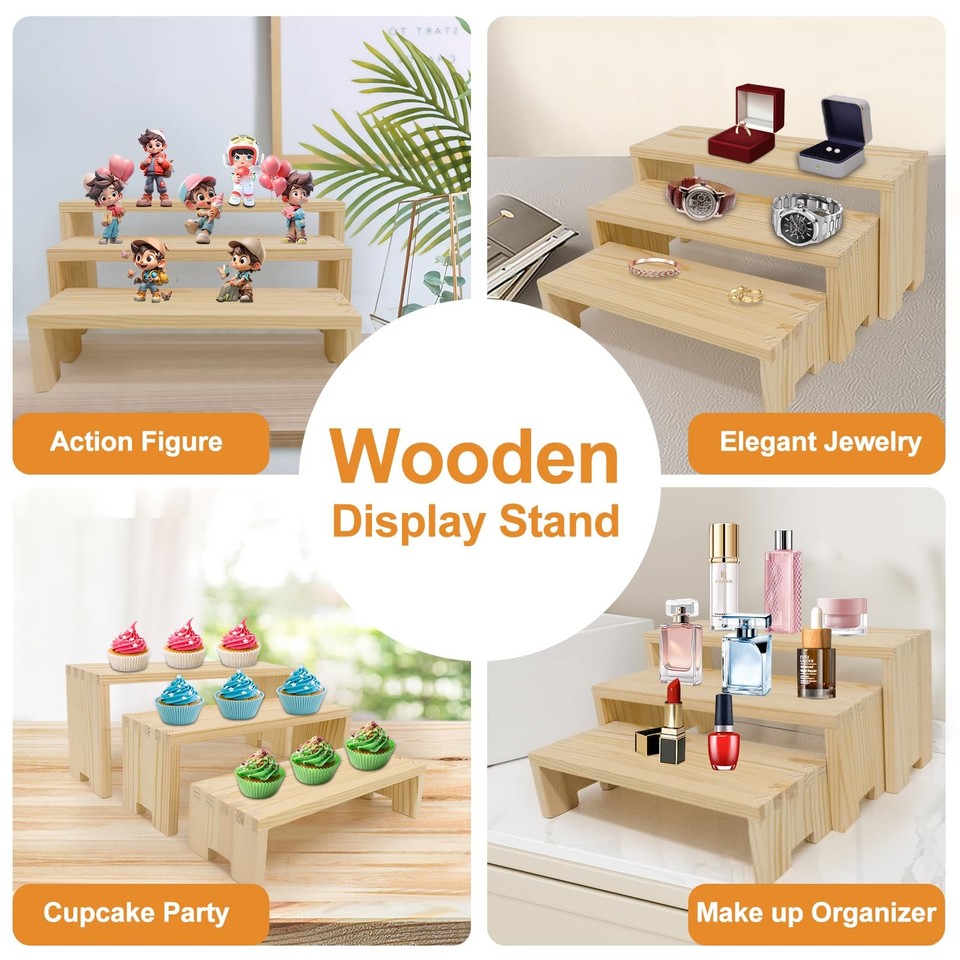Wood Display Risers Set - 4 Set Large Wooden Tiered Riser Display ...