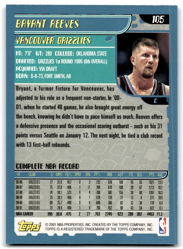 2001-02 Topps Bryant Reeves A Basketball Cards #105 | eBay