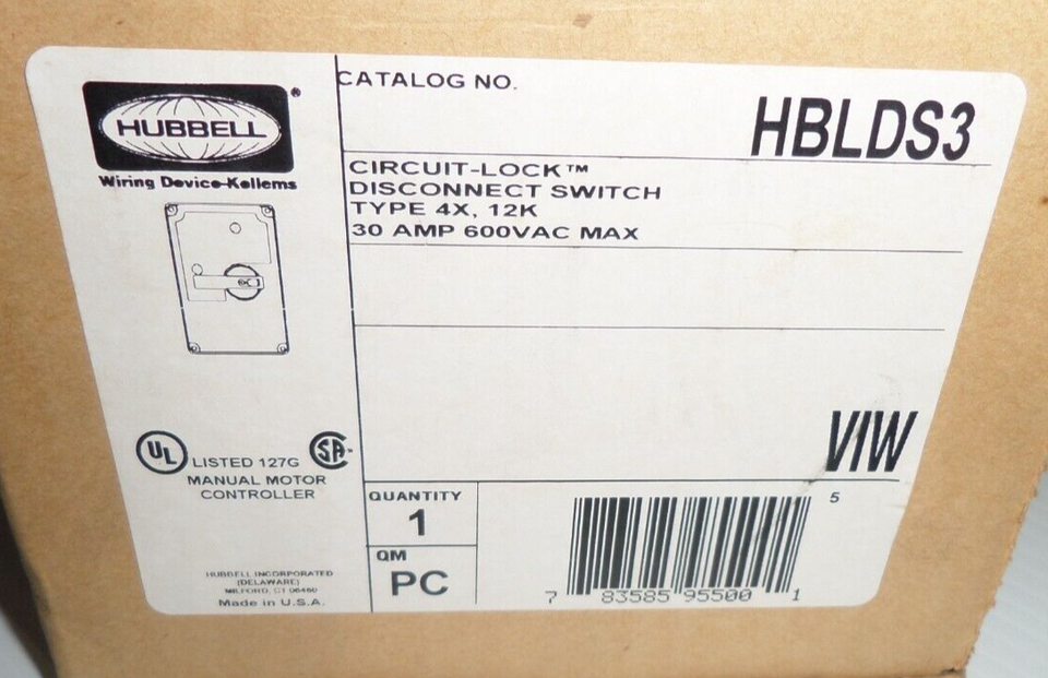 ⭐NEW IN BOX⭐ HUBBELL HBLDS3 CIRCUIT LOCK 30-Amp DISCONNECT SWITCH 600V ...