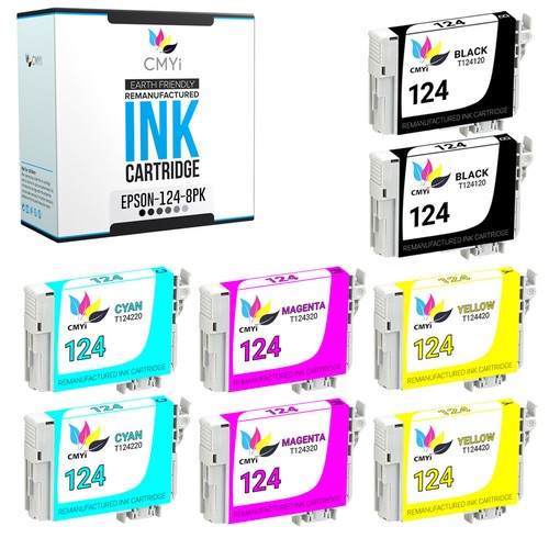 8PK T124 Replacement Ink for Epson 2 Black 2CMY 124 Cartridge Stylus ...