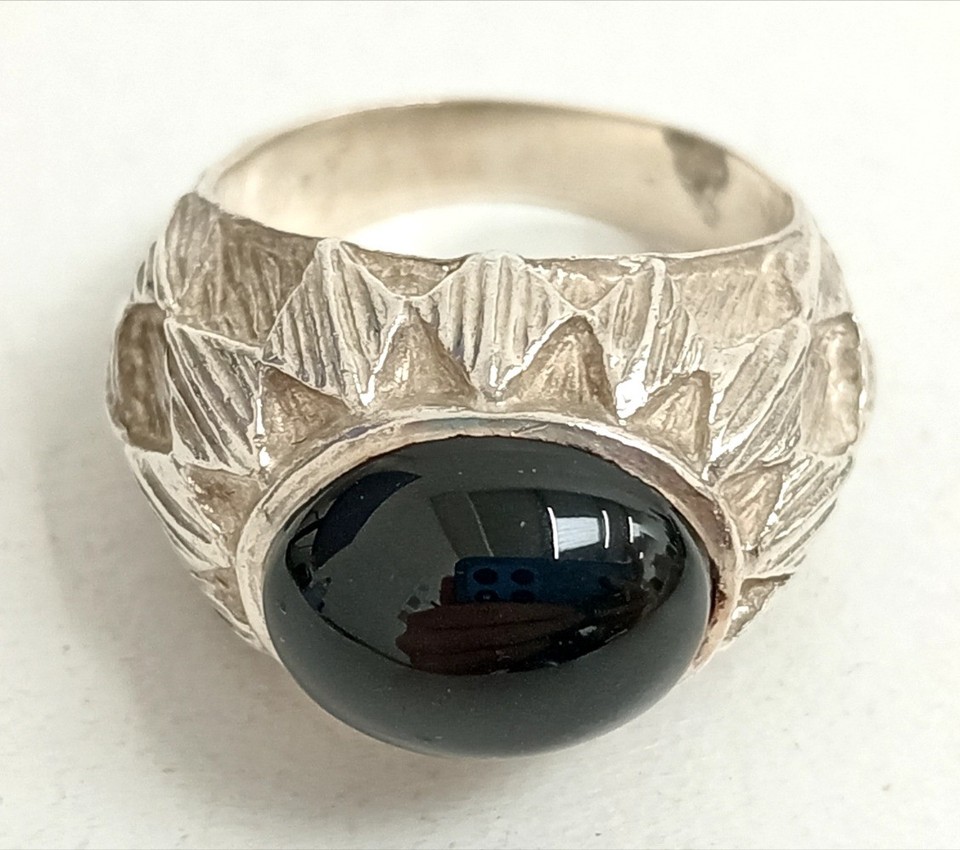 925 Sterling Silver Unique Textured Band Black Cabochon Stone Ring Size ...