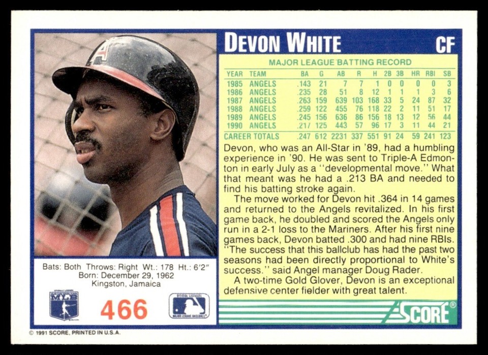 1991 Score #466 Devon White California Angels | eBay