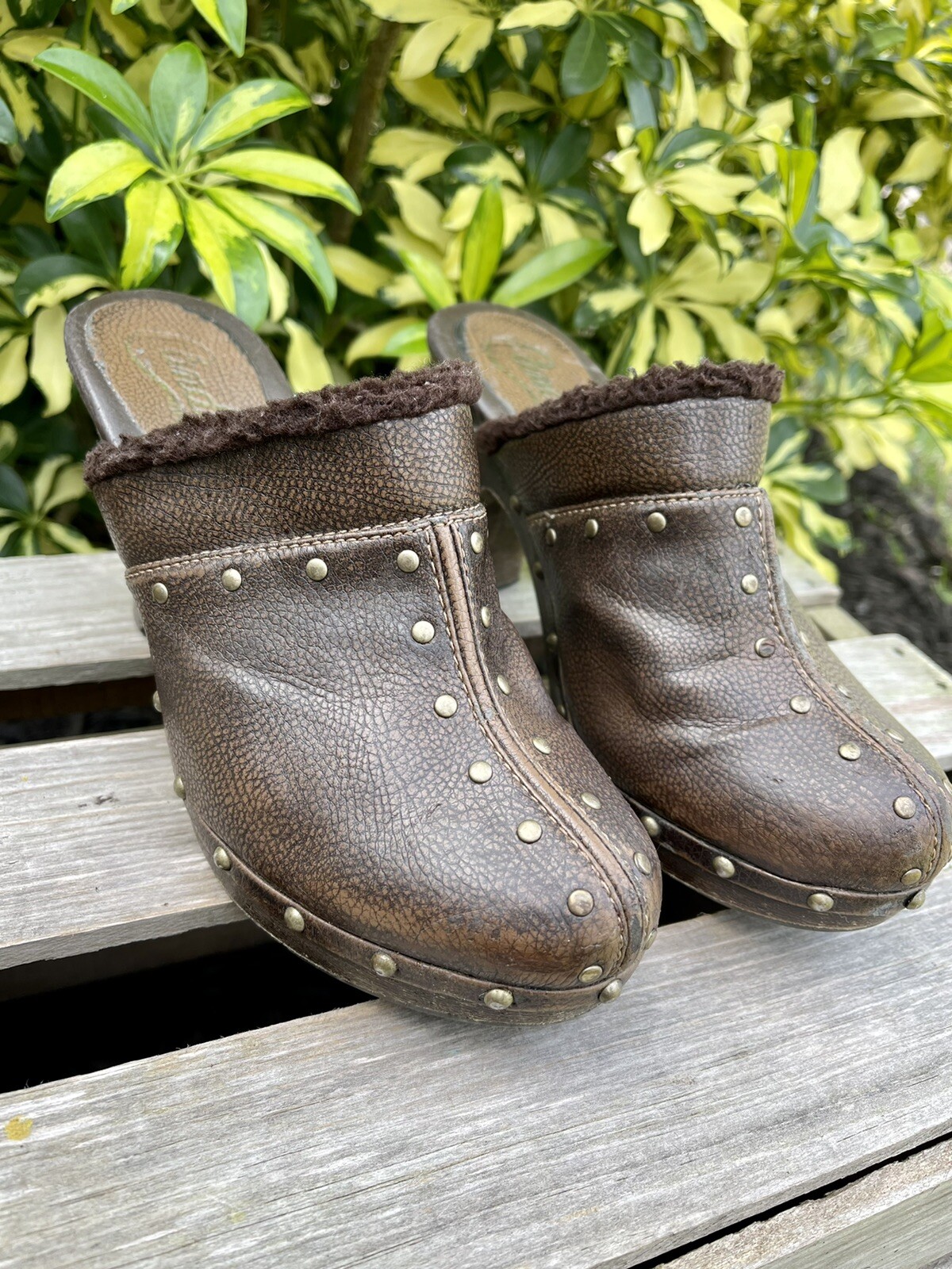 Candies Vintage Studded Brown Leather Lined Heeled Mule Clogs Dorriss ...