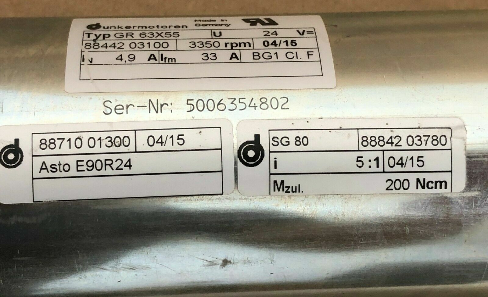 Dunkermotoren GR63X55 Gear Motor w/ SG80 GEARBOX Asto E90R24 Distressed ...