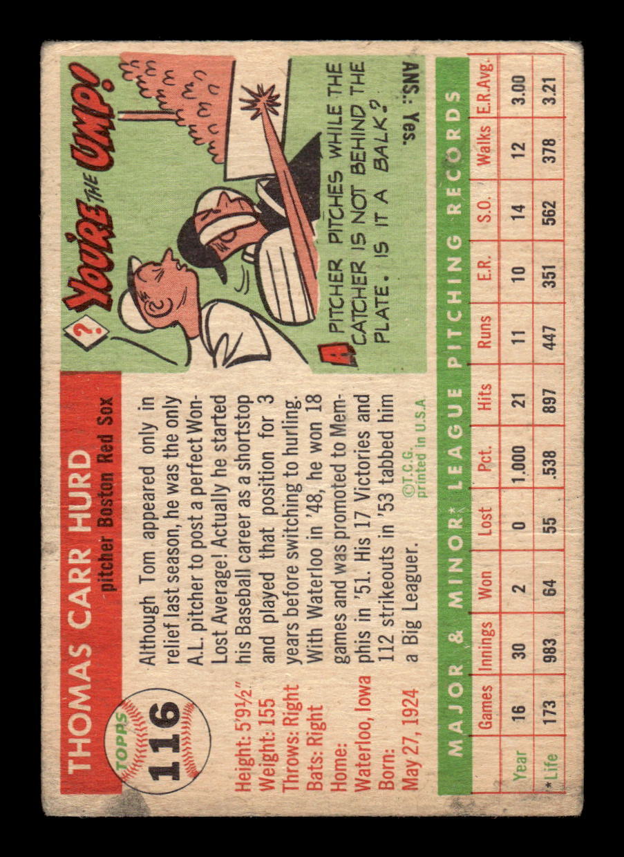 1955 Topps Baseball #116 Tom Hurd RC Poor Boston Red Sox | eBay