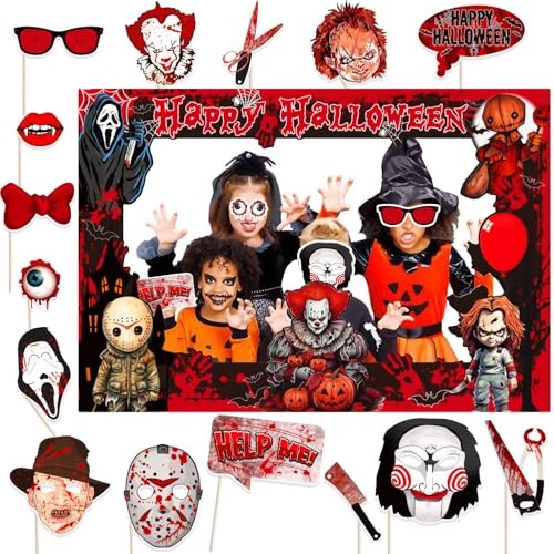 Halloween Photo Booth Props Kit, 16PCS Photo Props & Selfie Frame ...