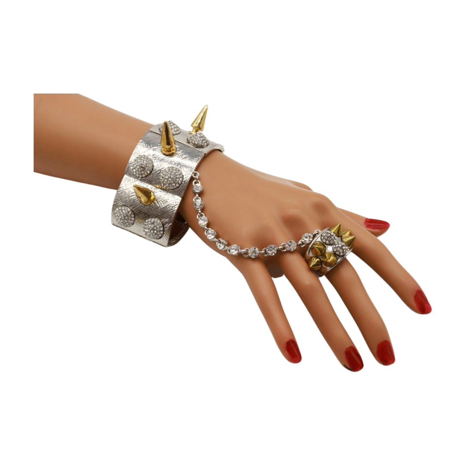 Women Silver Metal Hand Chain Gold Spike Bracelet Ring Special ...