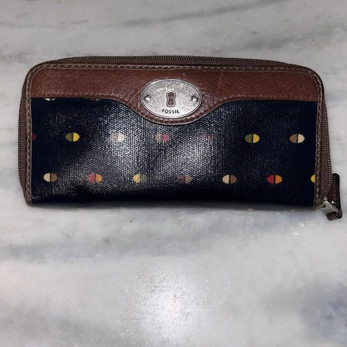 Fossil Key-Per MultiColor Tri-Fold Zip Around Canvas & Leather Wallet ...