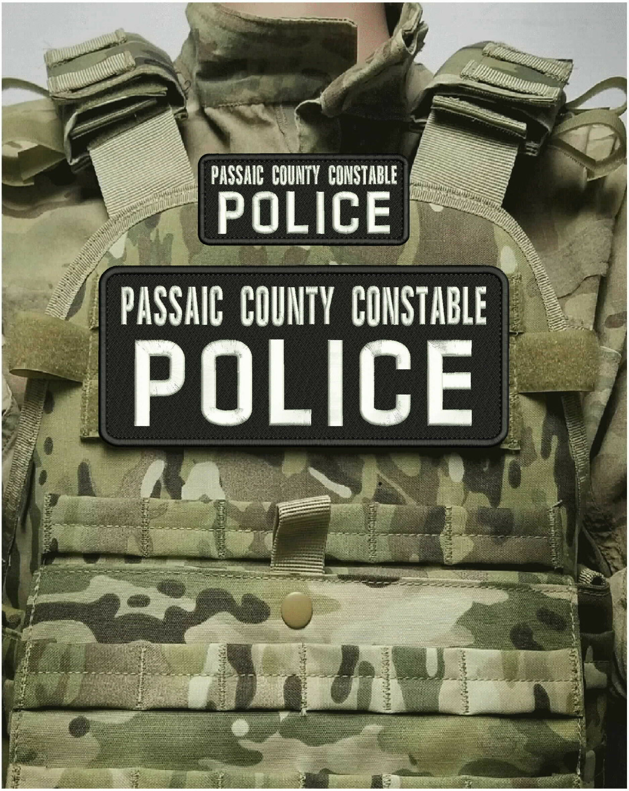 PASSAIC COUNTY CONSTABLE POLICE EMB PATCH 4X10 AND 2X5 HOOK ON BACK BLK ...