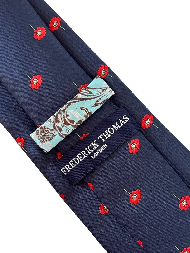 Frederick Thomas Designer navy blue tie with red poppy design | eBay UK