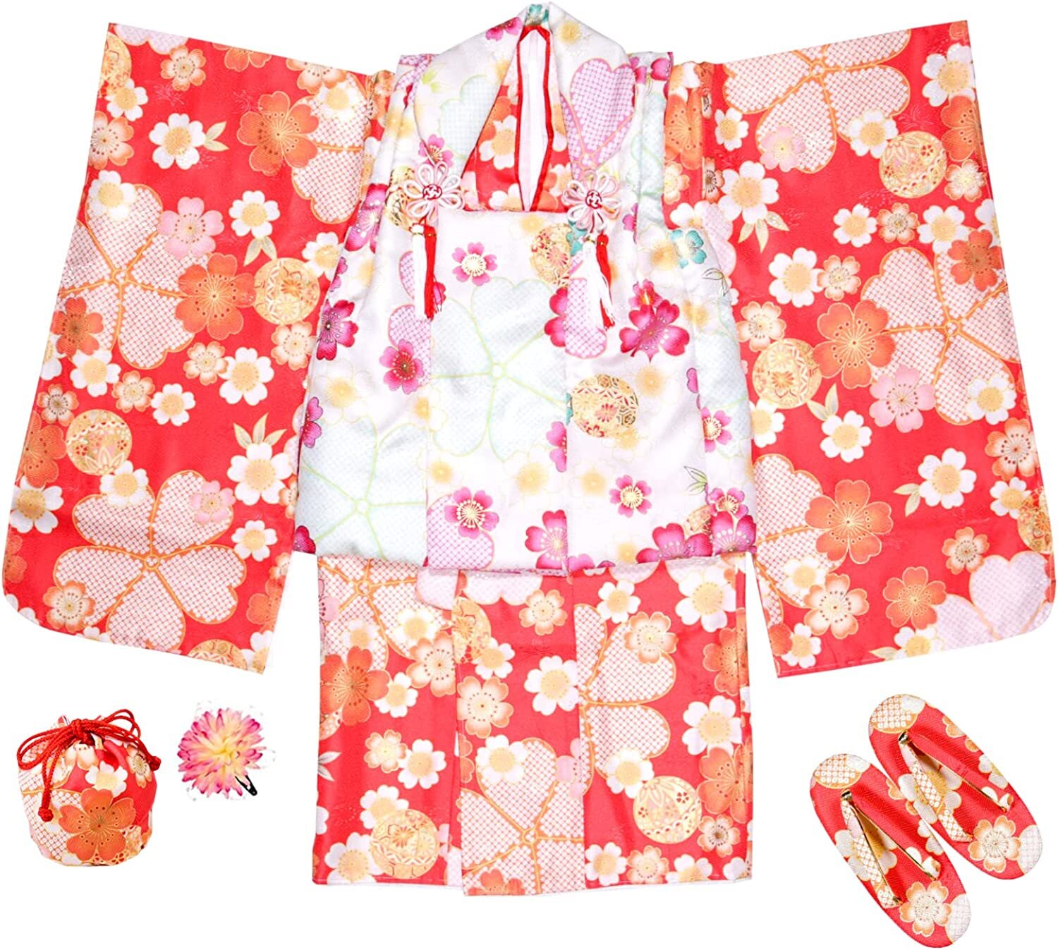 Full Kimono Set Girls Ceremony Celebration 3 years New Years Sakura ...