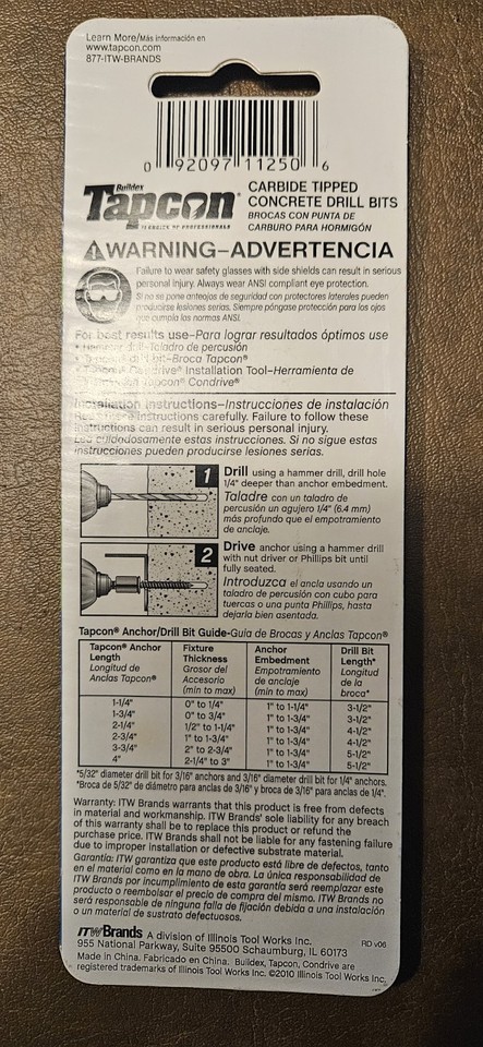 Buildex Tapcon Carbide Tipped Concrete Drill Bits 4 pack 3/16" x 4-1/2 ...