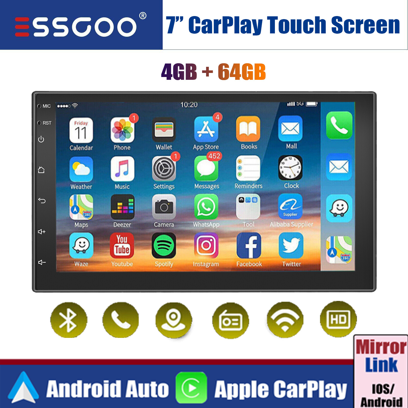 7" Car Stereo Radio Double 2 DIN Touch Screen For IOS & Android GPS ...