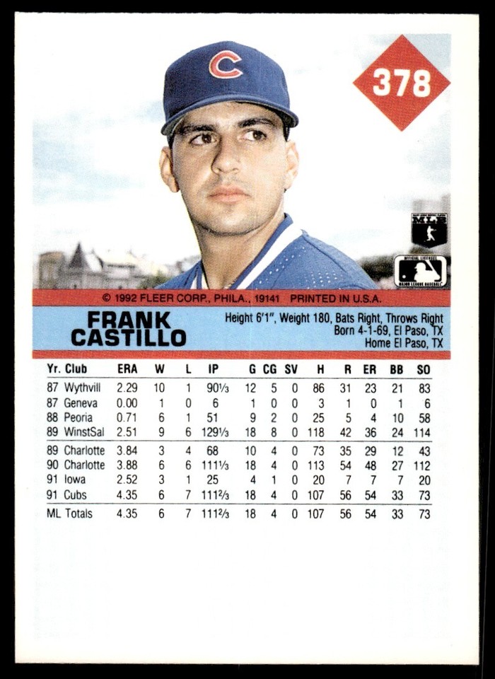 1992 Fleer Baseball Card Frank Castillo Rookie Chicago Cubs #378 | eBay