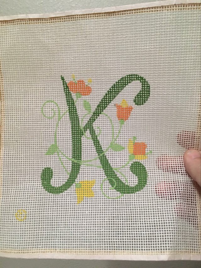 Green Floral K Initial Needlepoint Canvas plus 6 skeins of vintage wool ...