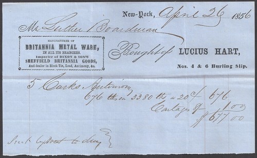 NY ~ LUCIUS HART, Britannia Metal Ware & Goods ~ Billhead 1856 to ...