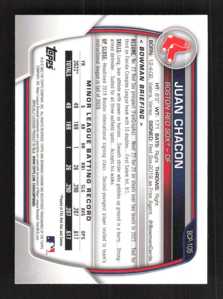 Juan Chacon 1st 2023 Bowman Chrome Prospects Boston Red Sox #BCP-105 | eBay