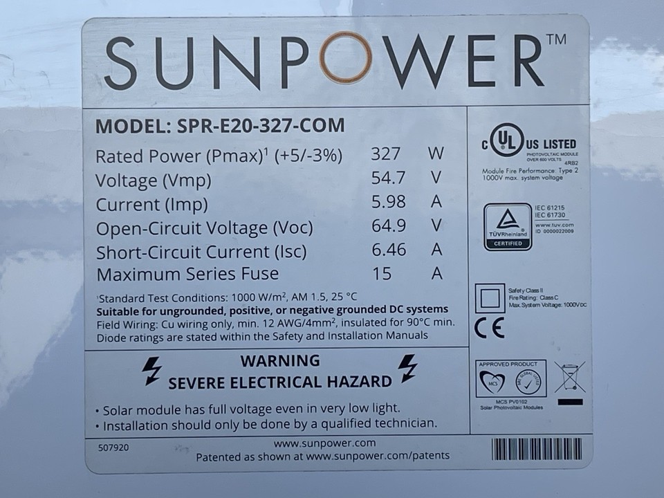 Sunpower 327W Solar Panels SPR-E20-327-COM - Pallet of 20x Solar Panels ...