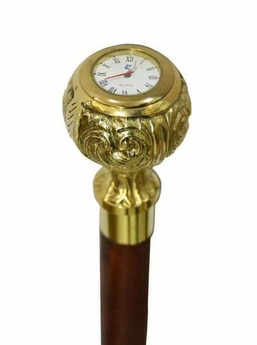 Vintage Style Solid Brass Clock on Head Handle Wooden Walking Stick ...