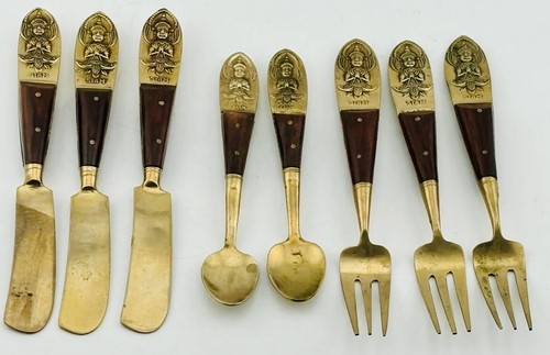 Set Of 8 Vintage Thai Siam Brass Bronze Wood Handle Silverware | eBay