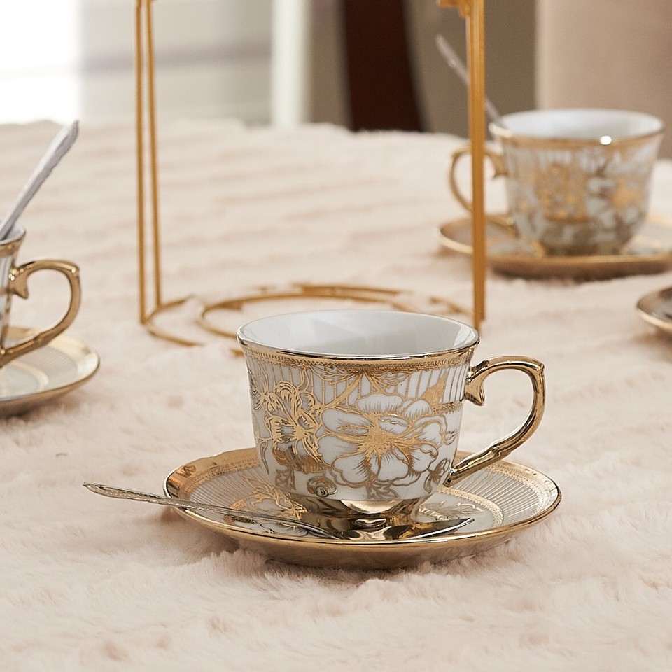 20 pc Tea Set /Tea Pot 6 Cups + Saucers, Rack Coffee Cup Set Gold tone ...