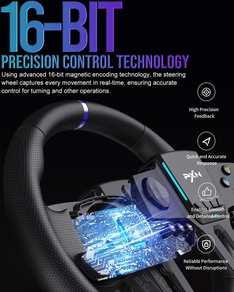 PXN V900 Gen2 Gaming Steering Wheel with Hall Pedals - 16 Bit, 280mm ...