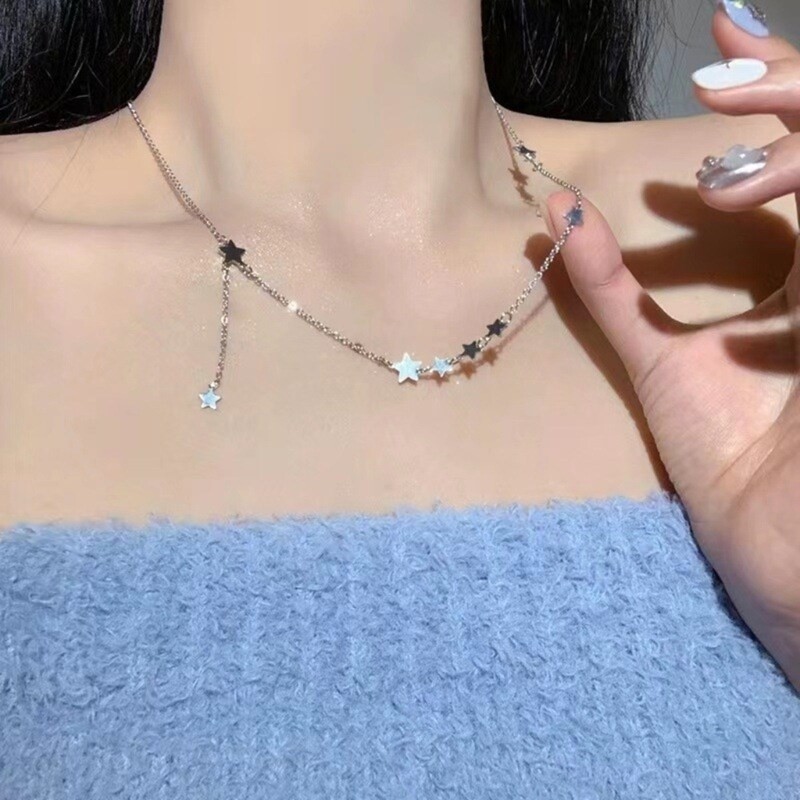 Fashionable Necklace Set Shimmering Zircon Details Star Fringe Heart ...