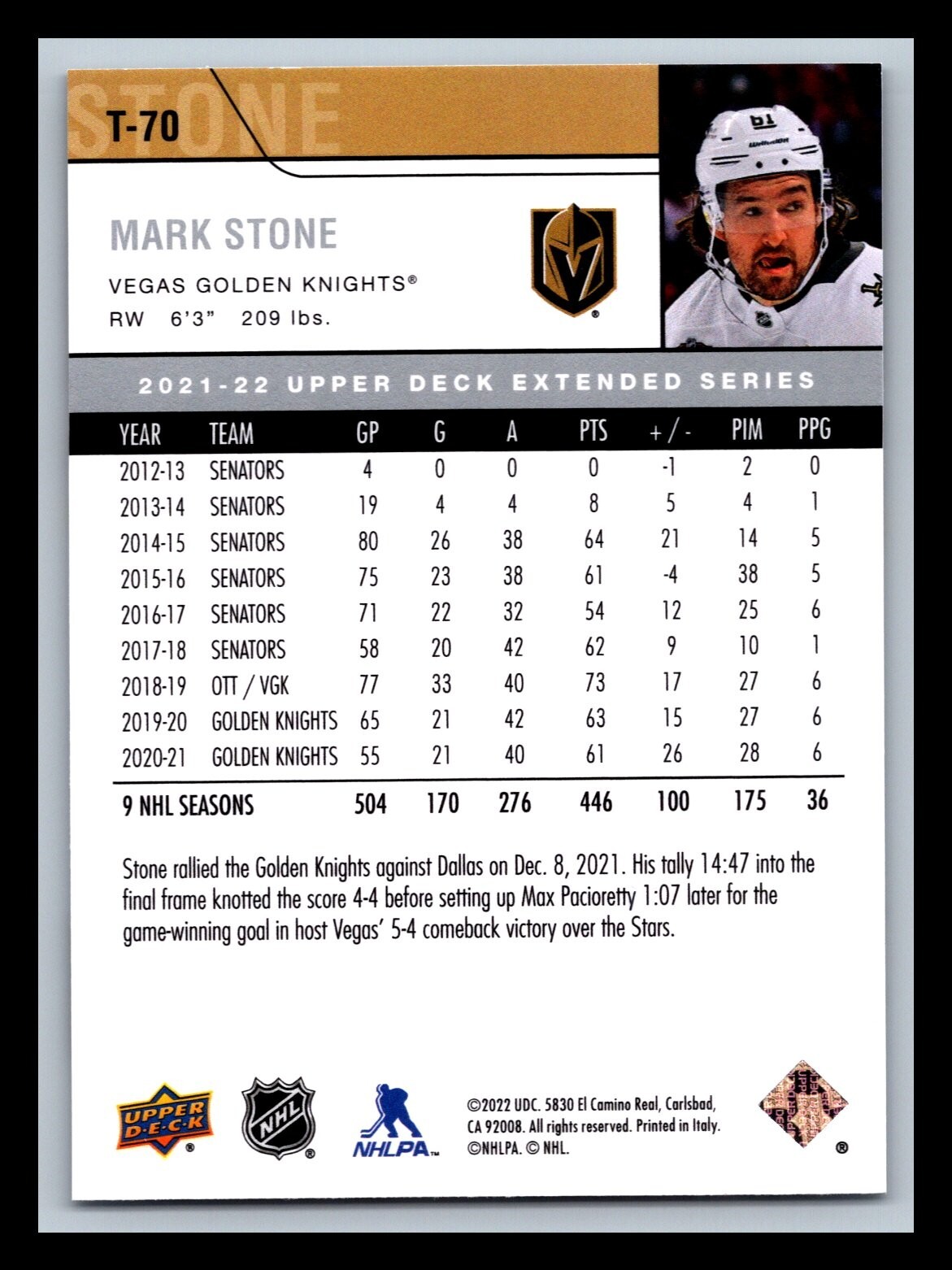 2021-22 UD Base Retro MARK STONE T-70 GOLD STOCK PILES LAS VEGAS ...
