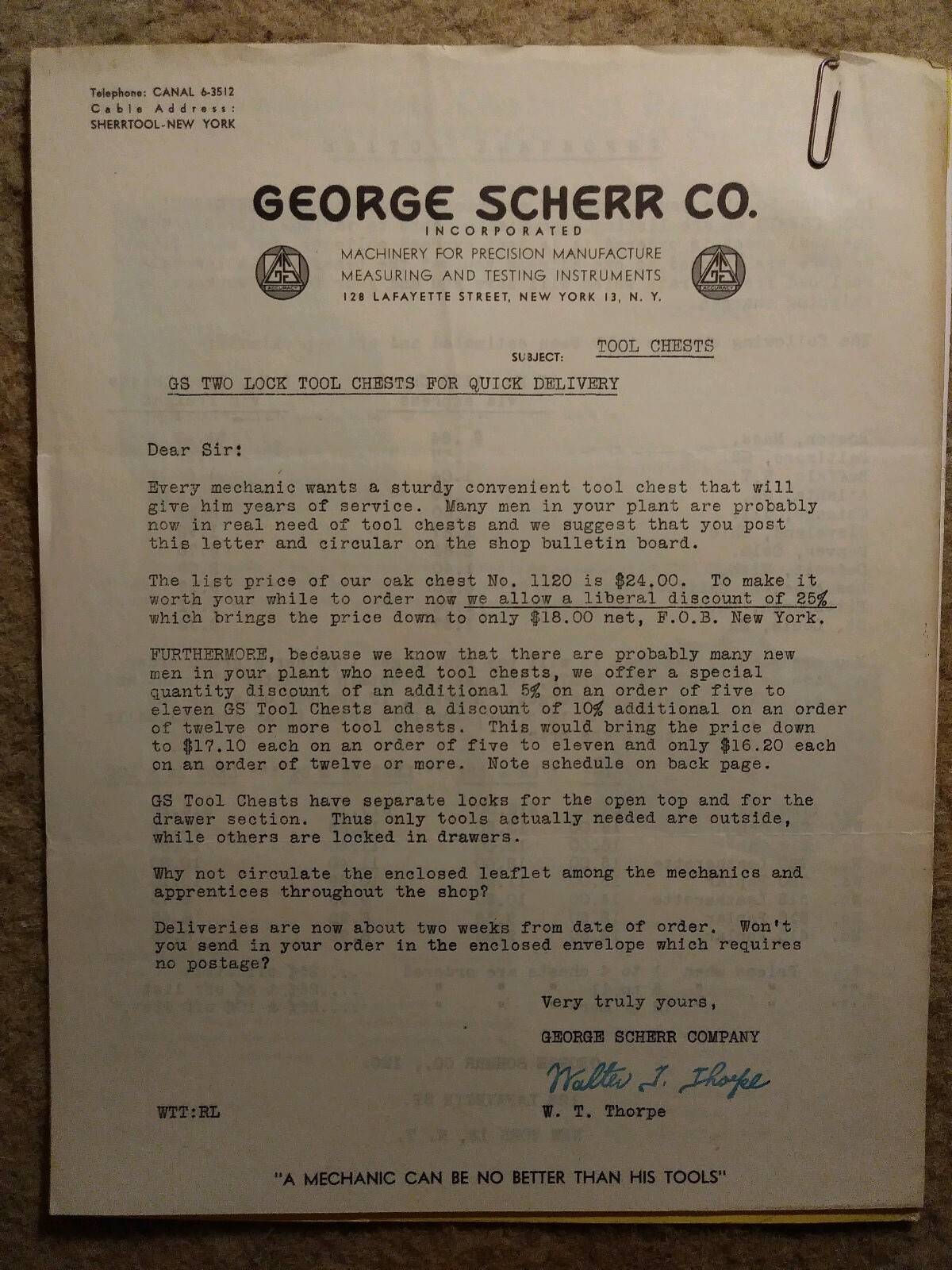 Antique typed & signed letter by W.T. Thorpe of George Scherr machinery ...