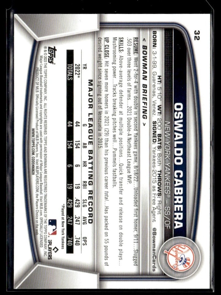 2023 Bowman Sky Blue Oswaldo Cabrera /499 Yankees #32 | eBay