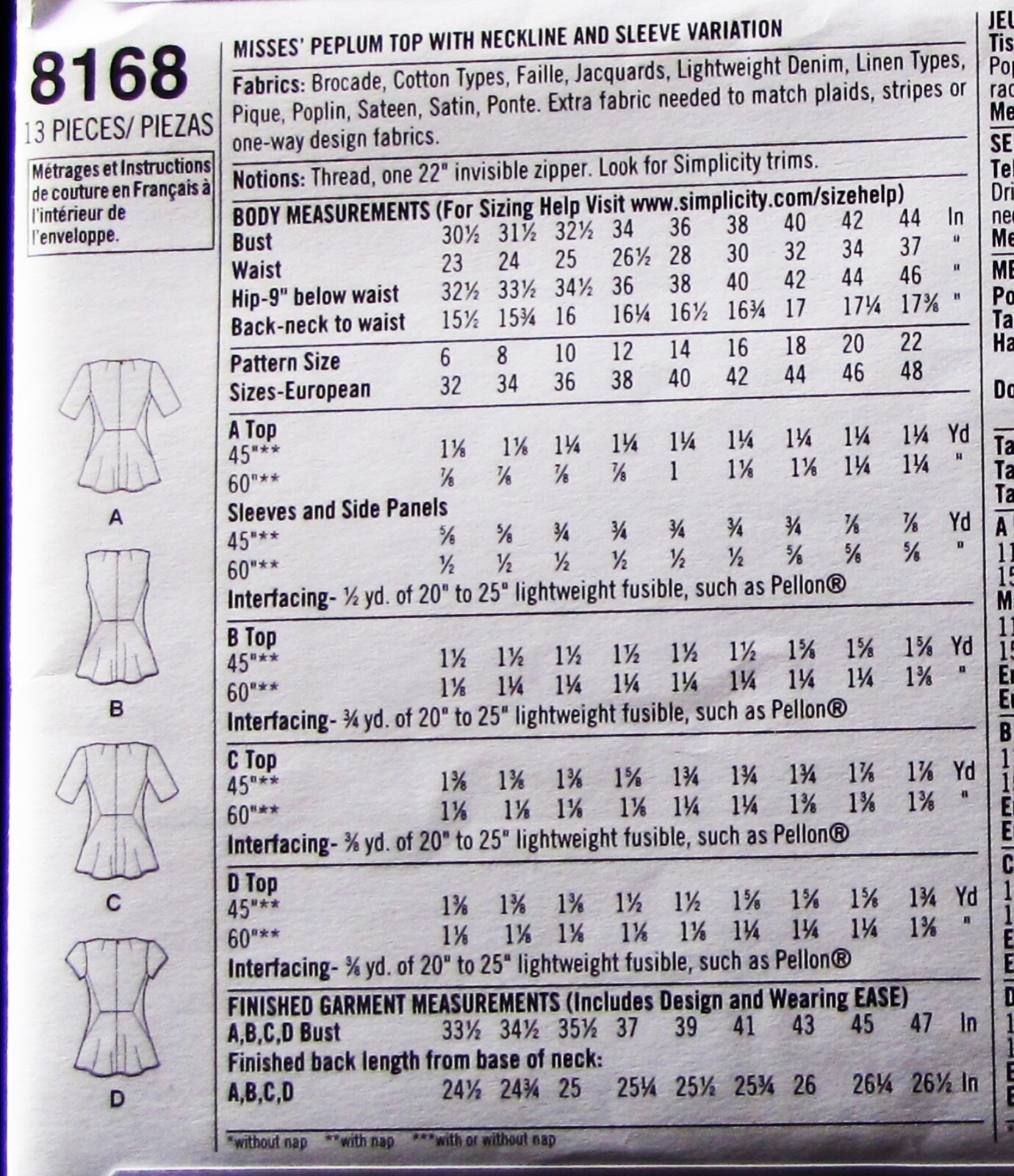 NEW~Simplicity Pattern 8168~*Structured Peplum Top w/ Side Panels*~Size ...