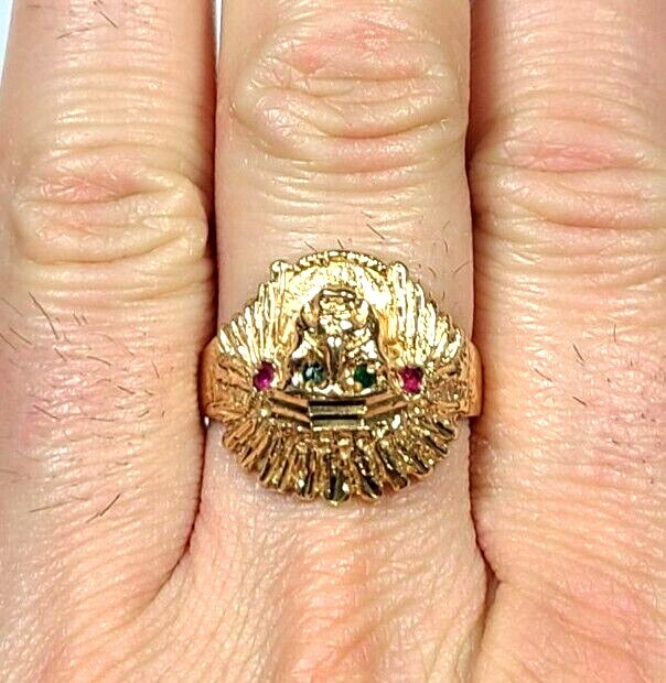 14k Yellow Gold Native American Indian Ring with Emer… - Gem