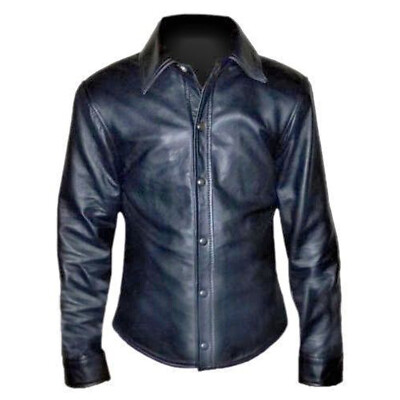 Men's Collared Police Uniform Shirt Genuine Soft Lambskin Black Leather ...