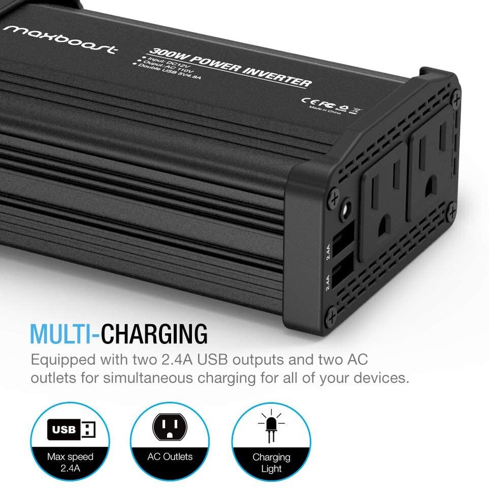 Maxboost 300W Power Inverter Dual 110V AC Outlet and 2.4A/24W USB Car ...