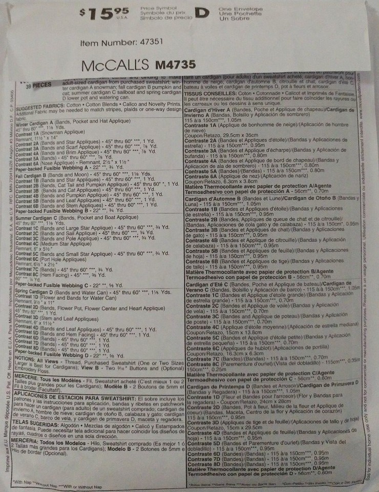 McCall's Pattern M4735 Pearl Louse Designs Seasonal Appliqued Cardigans ...