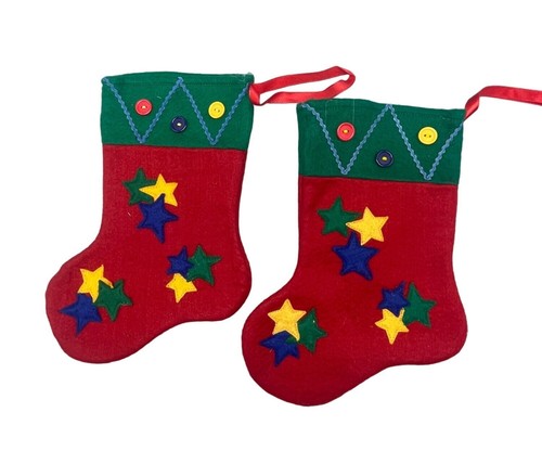 set of 2 Christmas stocking red green stars button felt 10" decor READ ...
