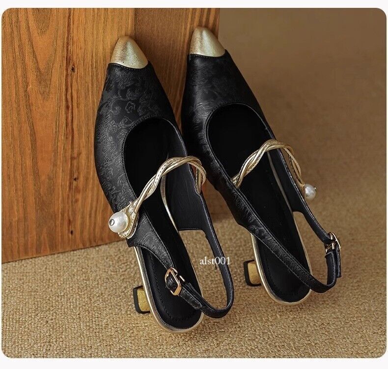 Women Chinese Style Pointed Toe Sandals Summer Kitten Heel Slingback ...