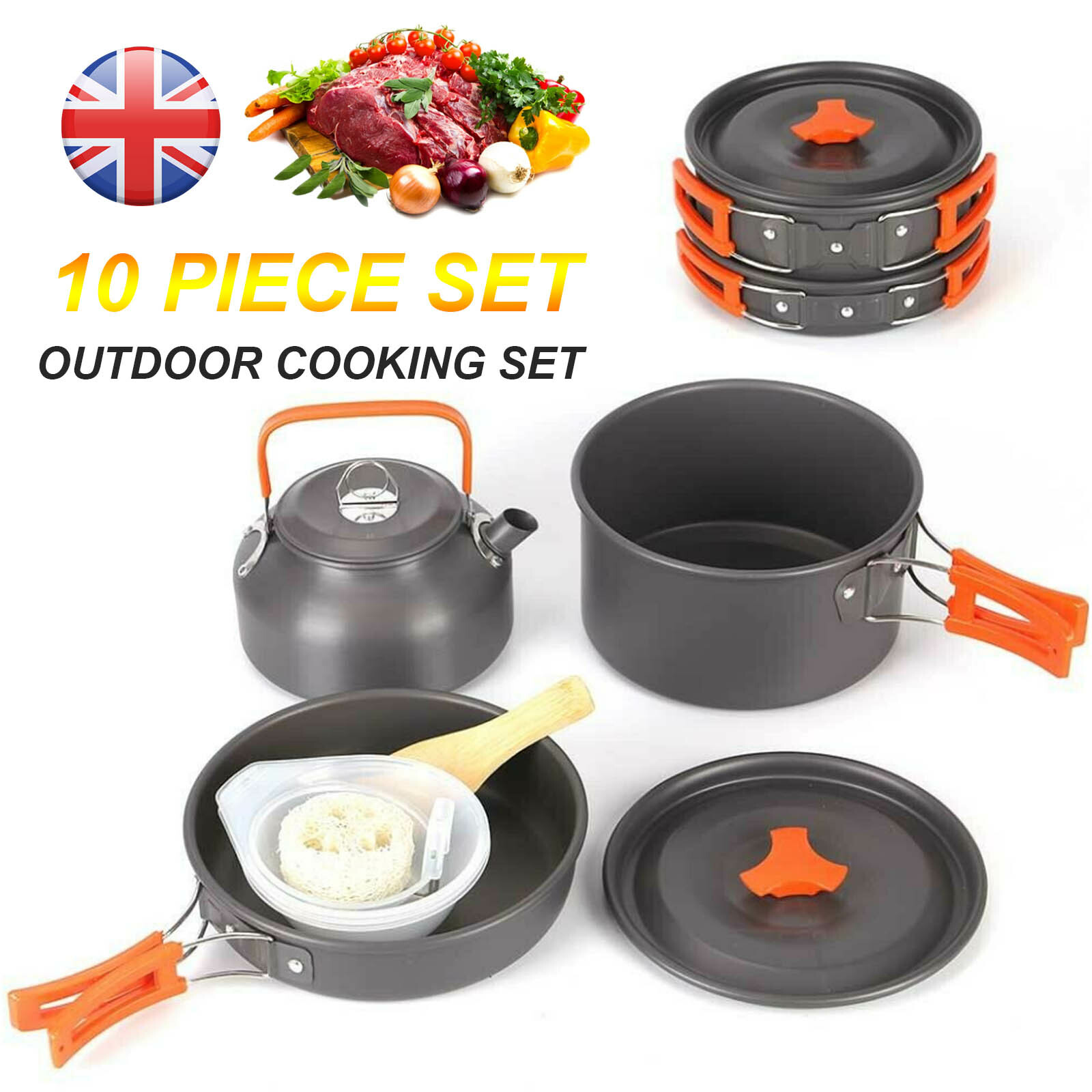 10PCS Portable Camping Cooking Cookware Set Anodised Aluminium Pots ...