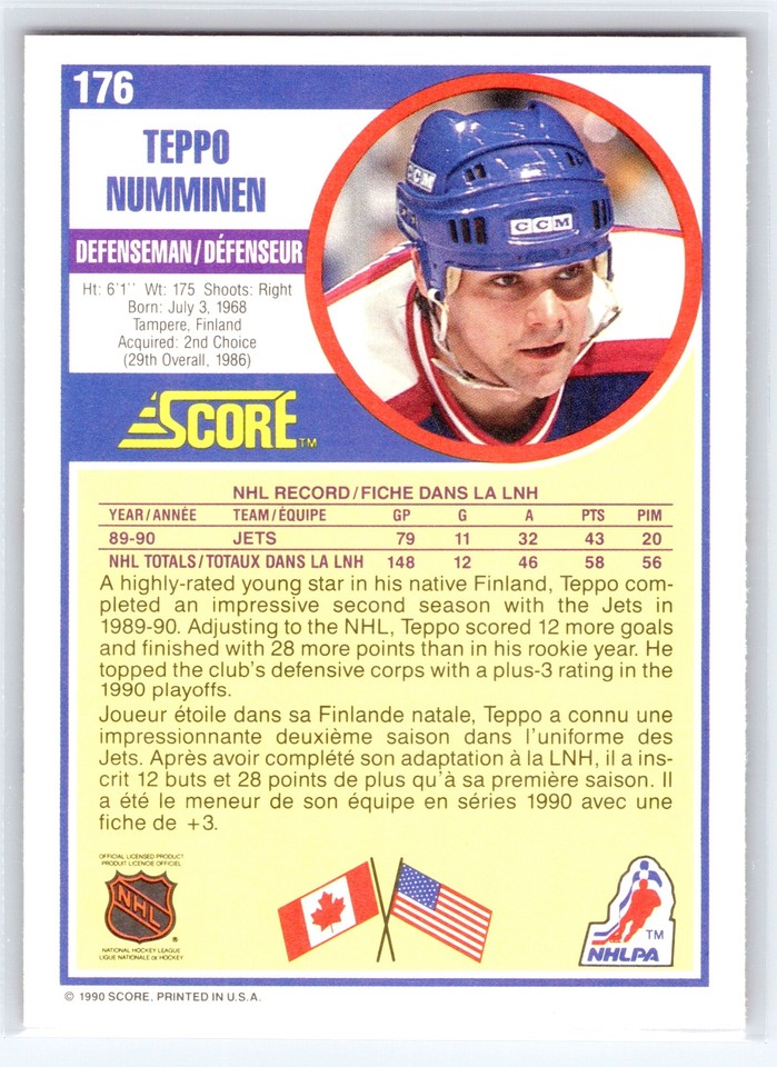 1990 Score American #176 Teppo Numminen Hockey Winnipeg Jets Rookie | eBay