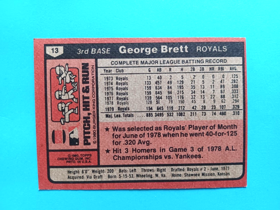 1980 TOPPS GEORGE BRETT #13 BURGER KING PITCH HIT RUN INSERT KANSAS ...